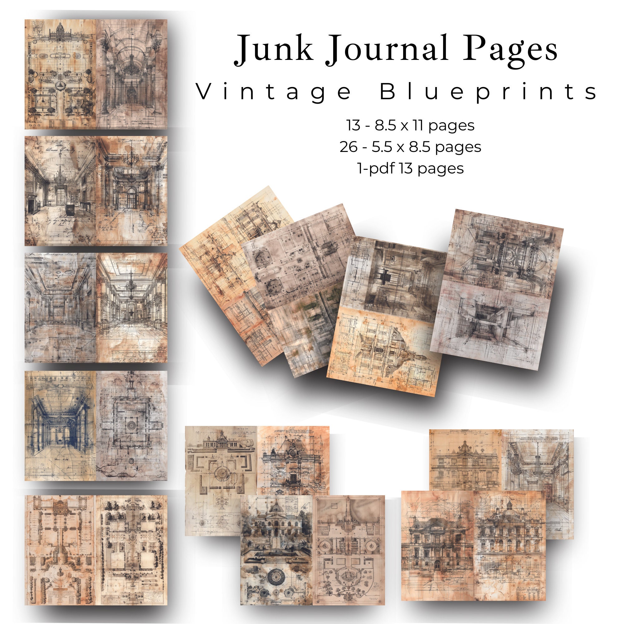 Vintage Blueprint Junk Journal Pages Digital Scrapbook Paper Kit ...