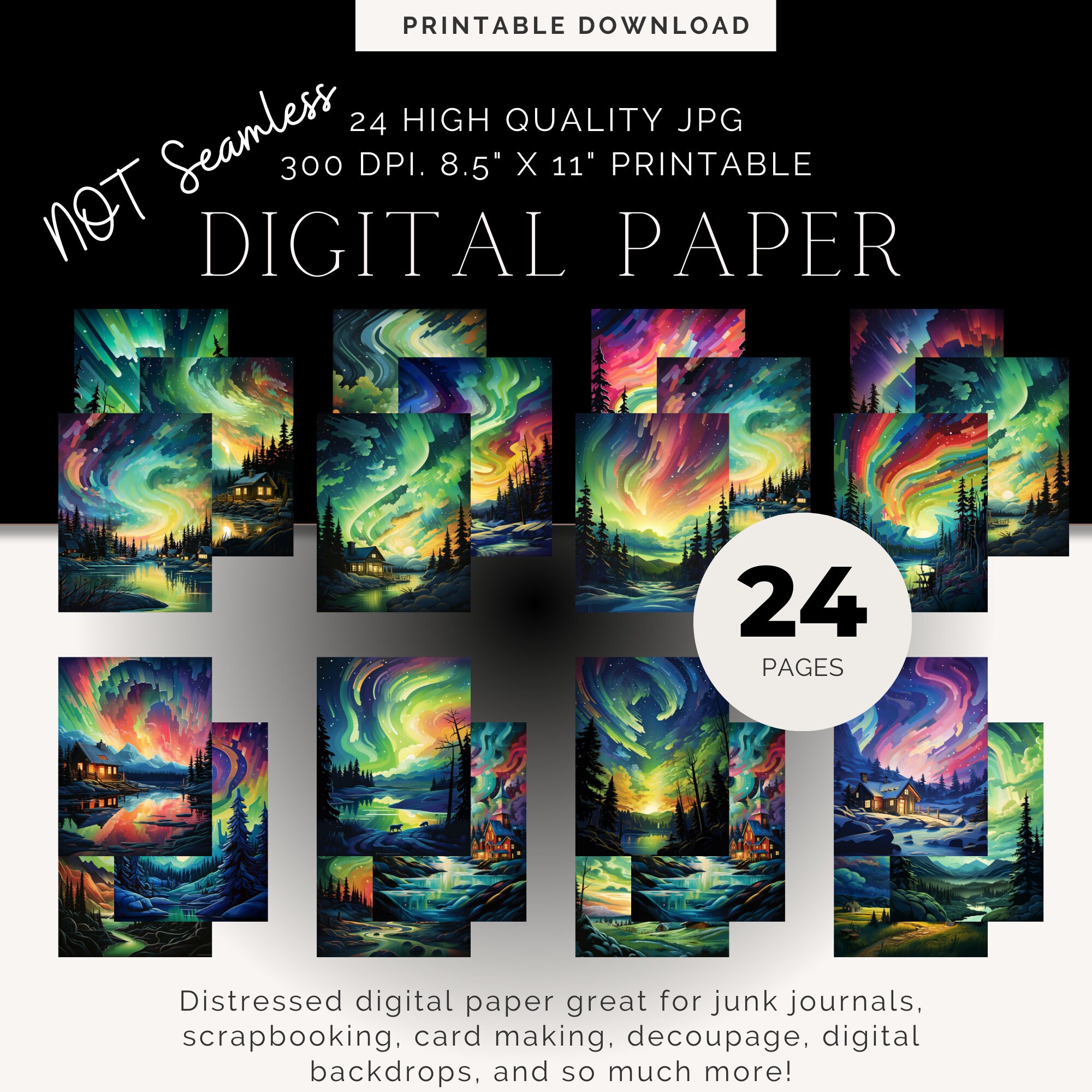 Aurora Digital Paper Aurora Borealis Northern Lights Winter Night Sky ...