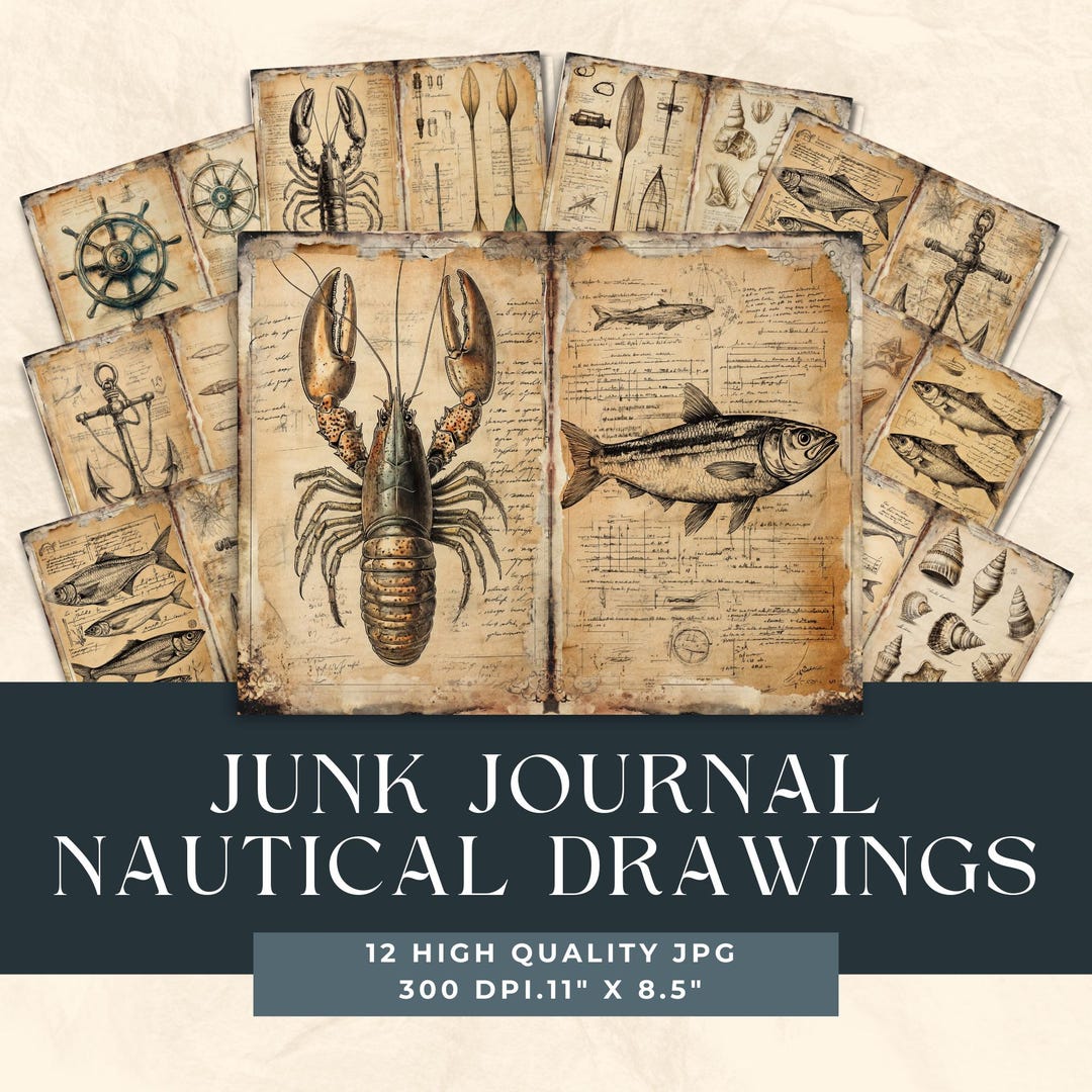 Nautical Drawings Junk Journal Pages, Fisherman Aesthetic, Vintage ...