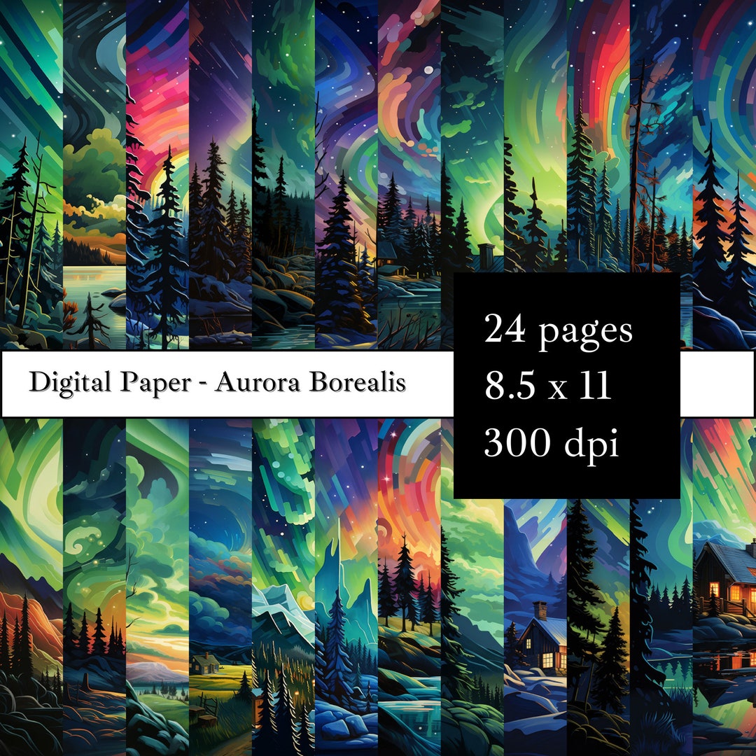 Aurora Digital Paper Aurora Borealis Northern Lights Winter Night Sky ...