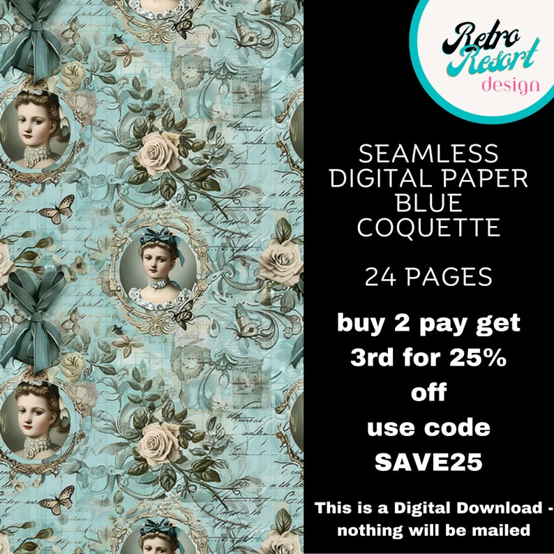 Coquette Blue Digital Paper Seamless Shabby Chic Printable Paper Junk ...