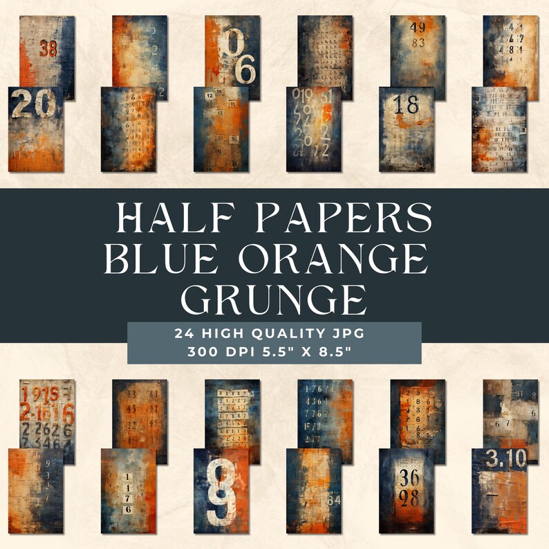 Half Paper Blue Orange Grunge, Digital Papers, Background Distressed ...