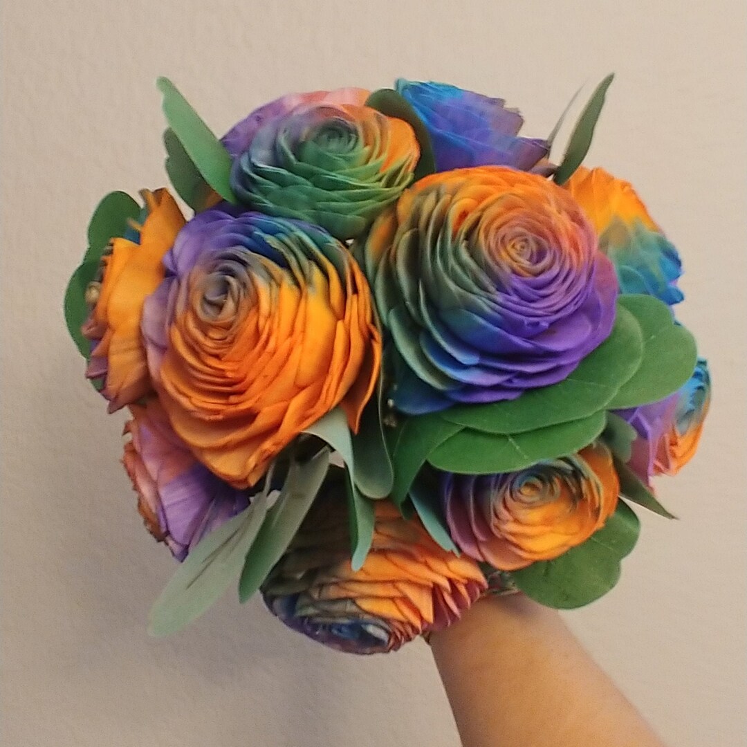 Tie Dye Rainbow Wood Flower Arrangement, Dozen Dyed Wood Flowers ...