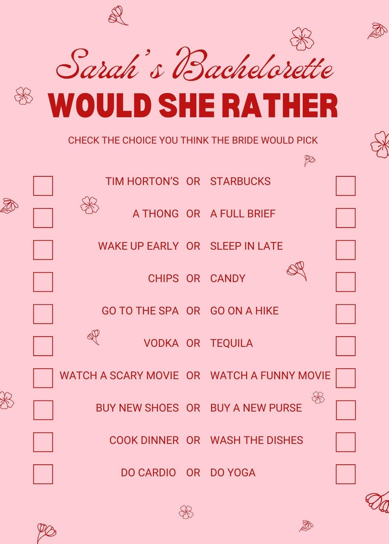 Would She Rather | Quiz Game | Bridal Shower Bachelorette Party ...