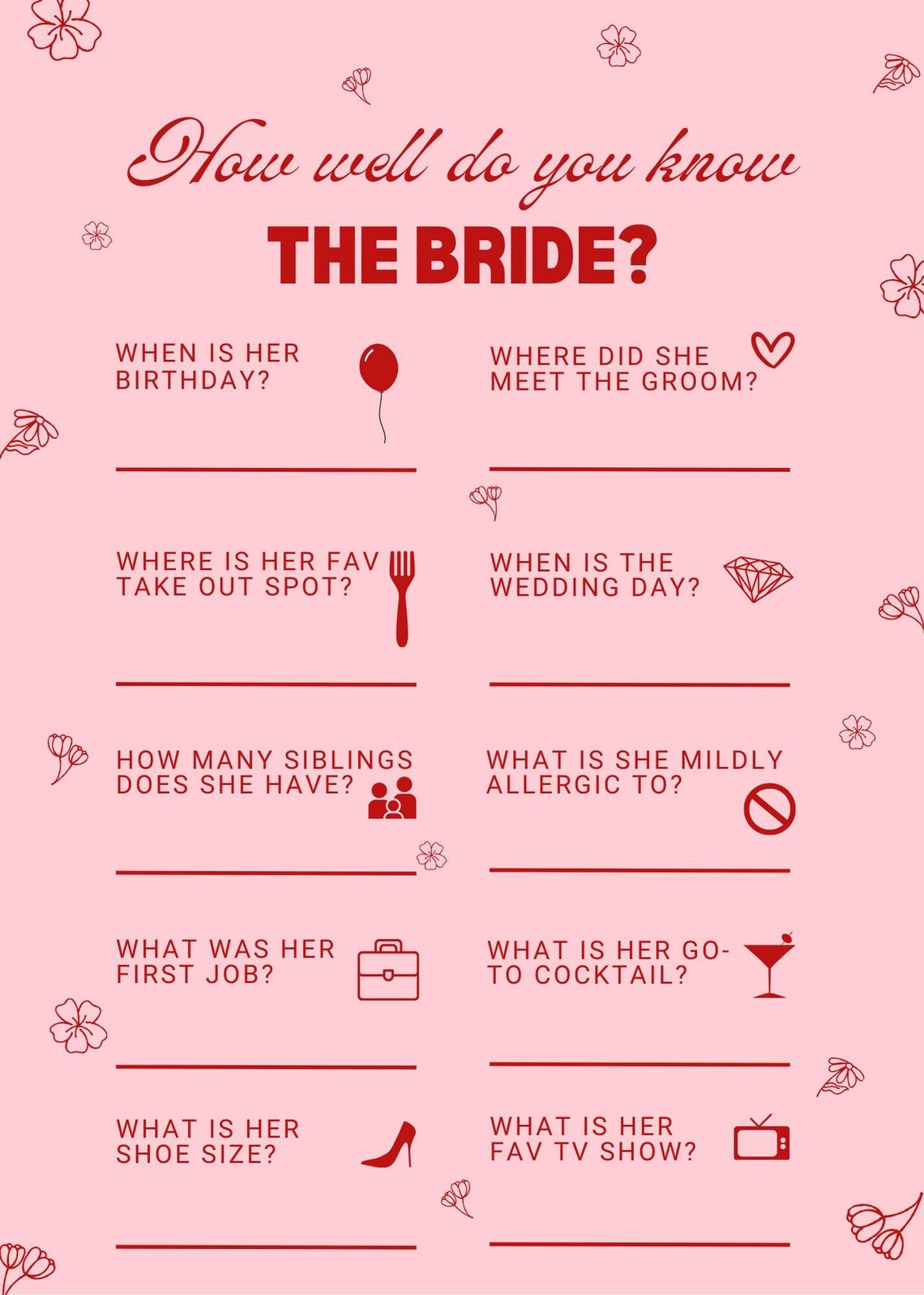 How Well Do You Know the Bride | Quiz Game | Bridal Shower Bachelorette ...