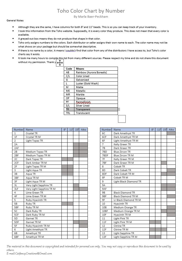 TOHO Seed Bead Inventory Sheets, Inventory Check List, Beadworking ...