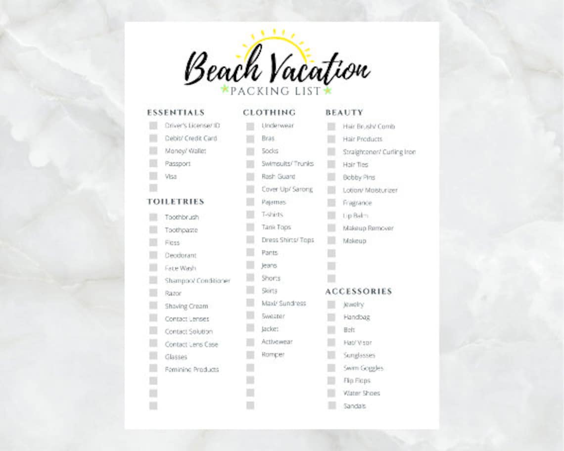 Beach Vacation Packing List | Printable | Instant Download - Etsy