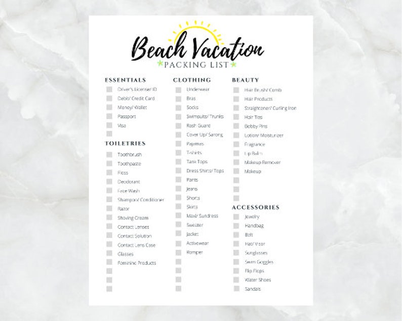 Beach Vacation Packing List | Printable | Instant Download - Etsy