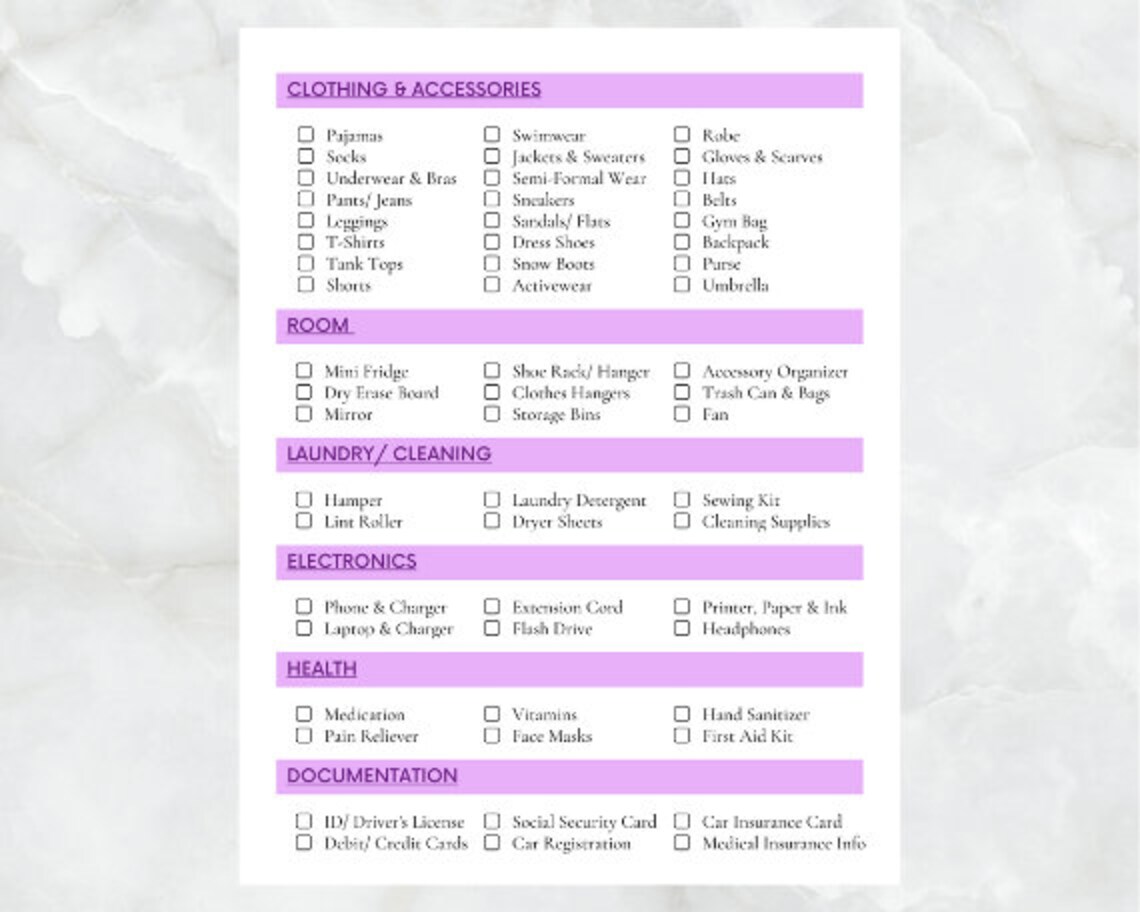 College Dorm Packing List | University Student Checklist | College ...