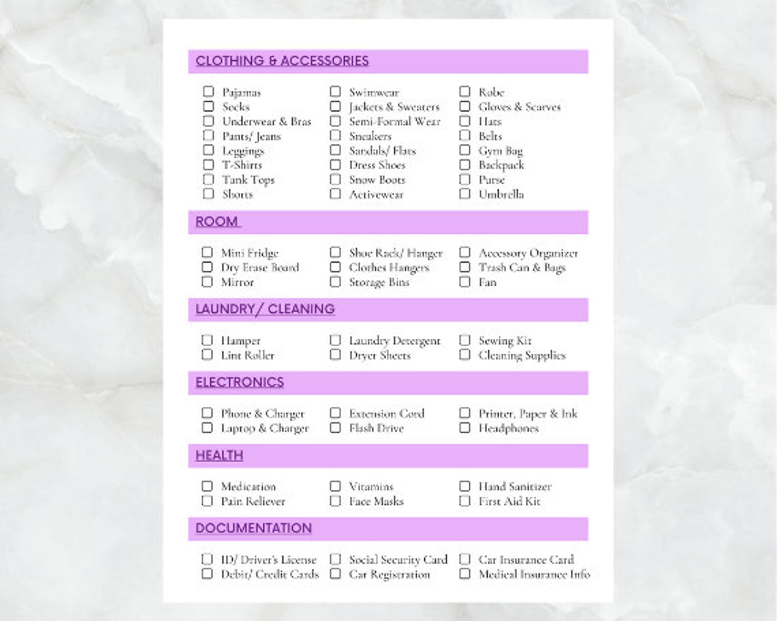 College Dorm Packing List | University Student Checklist | College ...