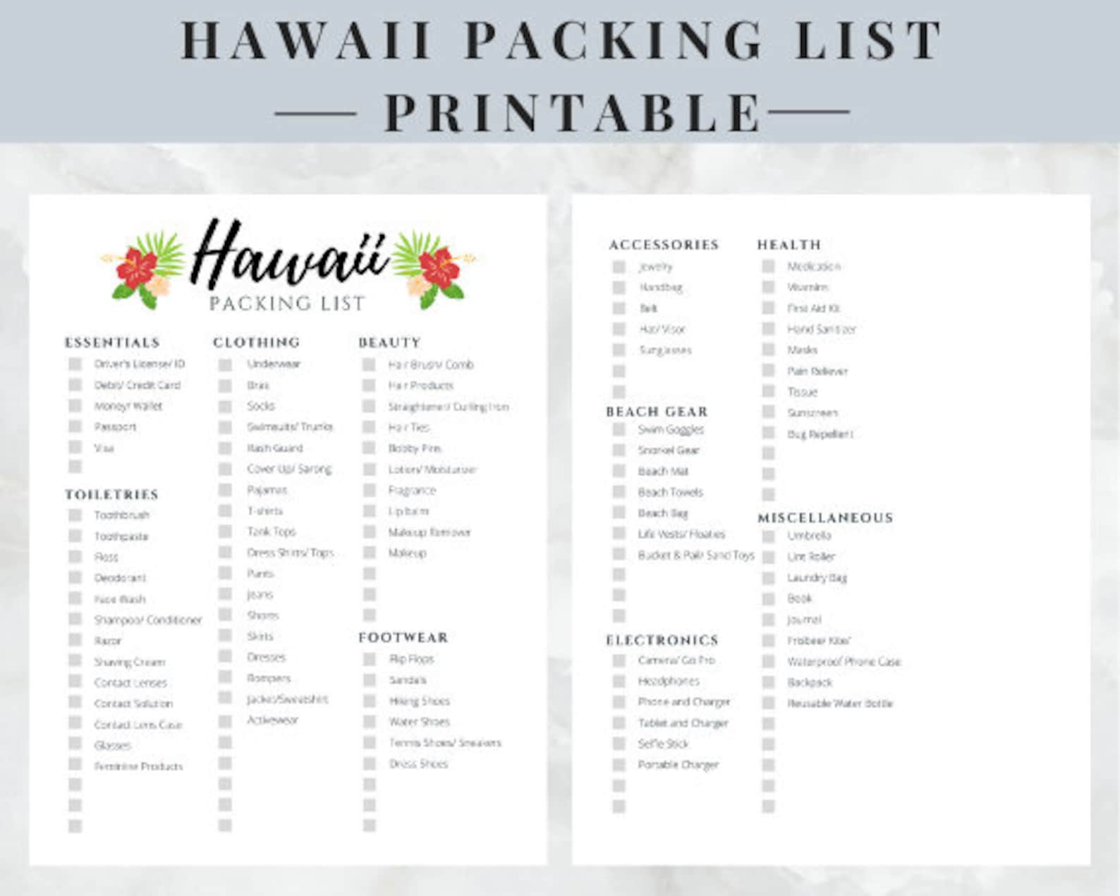 Hawaii Packing List Printable Instant Download | Etsy