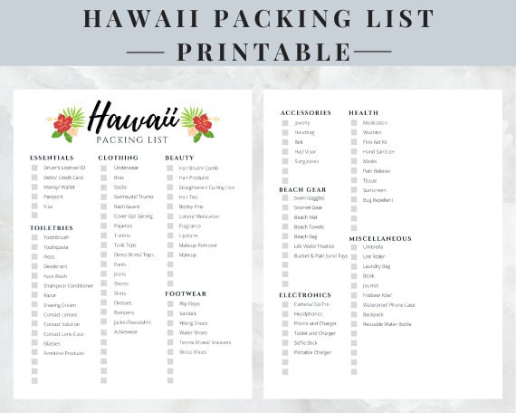 Hawaii Packing List Printable Instant Download | Etsy