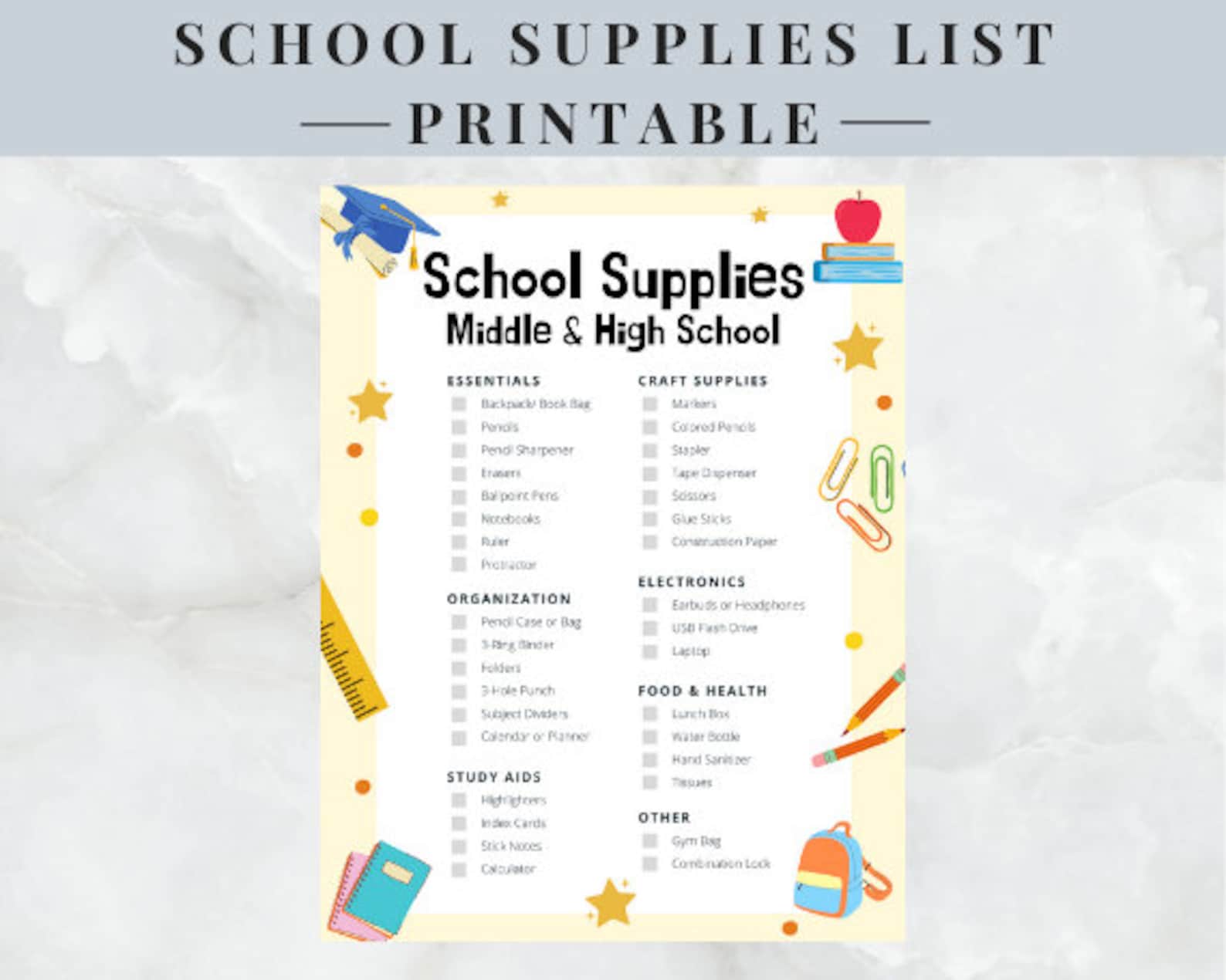 Middle and High School Supplies List | Printable | Back to School ...