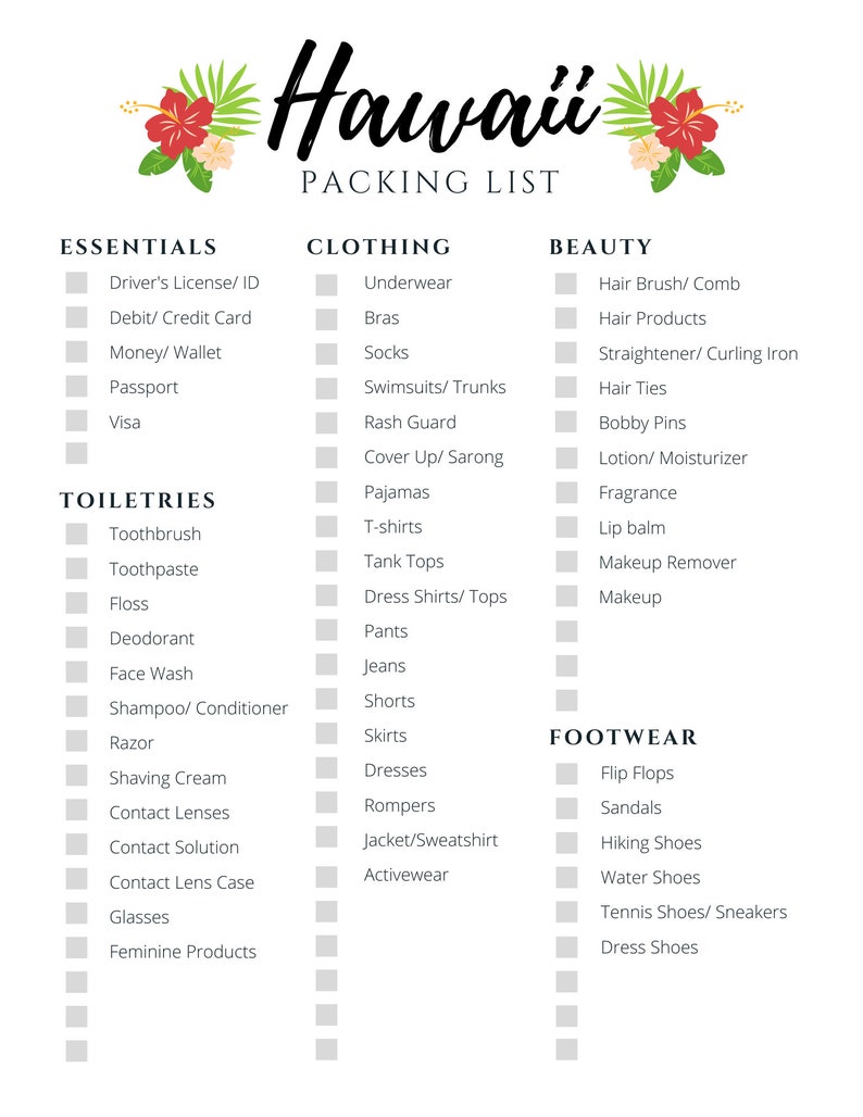 Hawaii Packing List | Printable | Instant Download - Etsy
