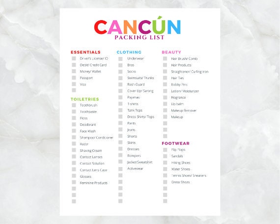 Cancun Packing List Mexico Packing List Printable Instant Download ...