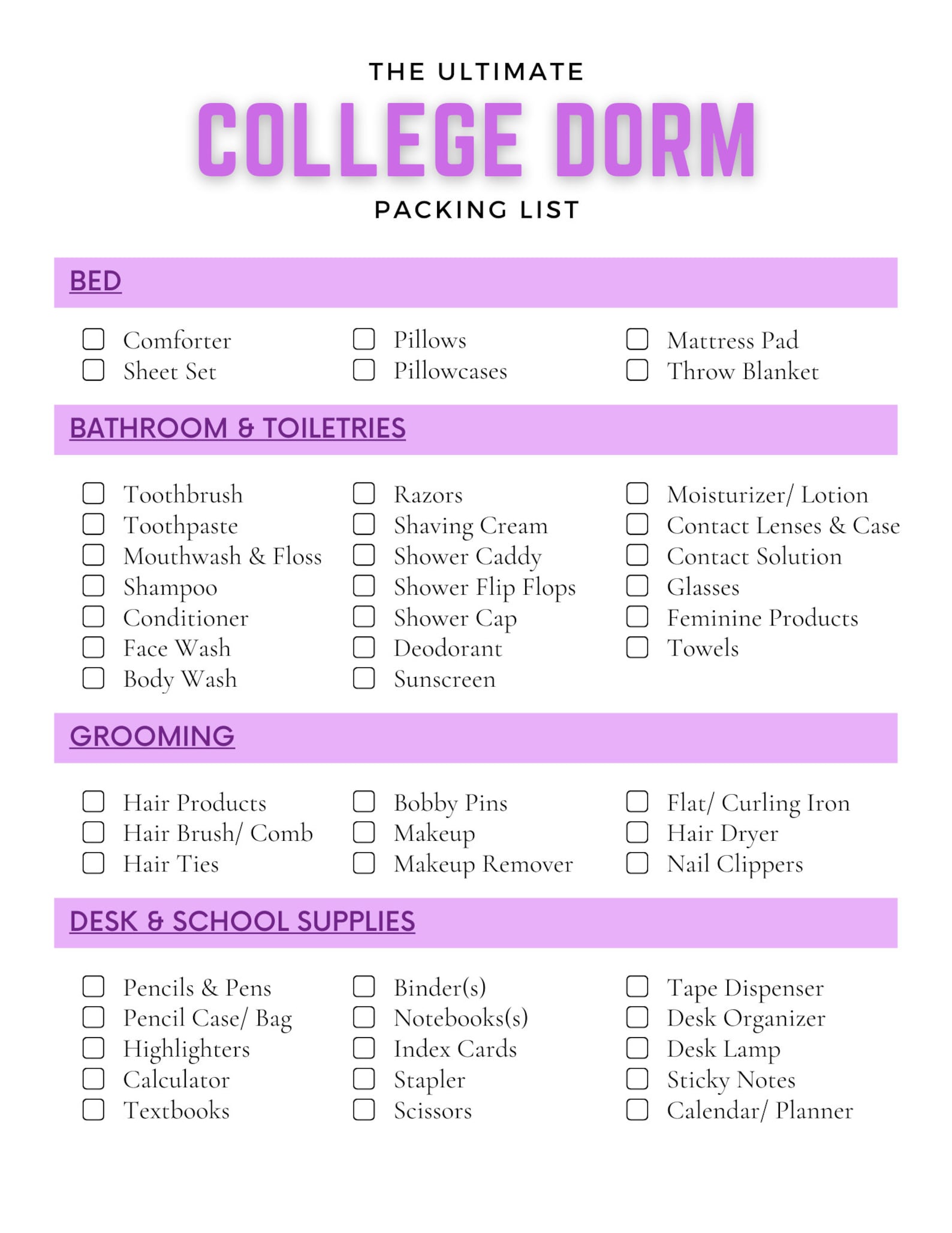 College Dorm Packing List | University Student Checklist | College ...