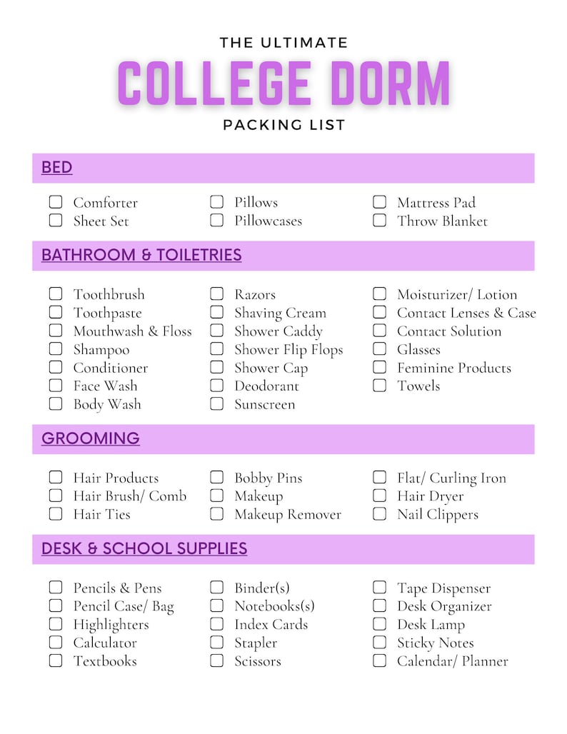 College Dorm Packing List | University Student Checklist | College ...