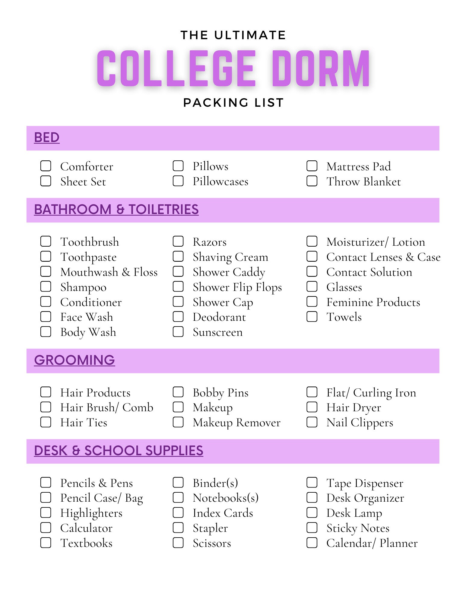 College Dorm Packing List | University Student Checklist | College ...