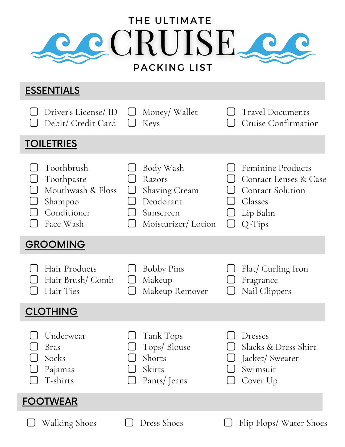 Cruise Packing List | Printable | Instant Download - Etsy