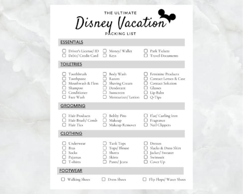Disney Vacation Packing List | Printable | Instant Download - Etsy
