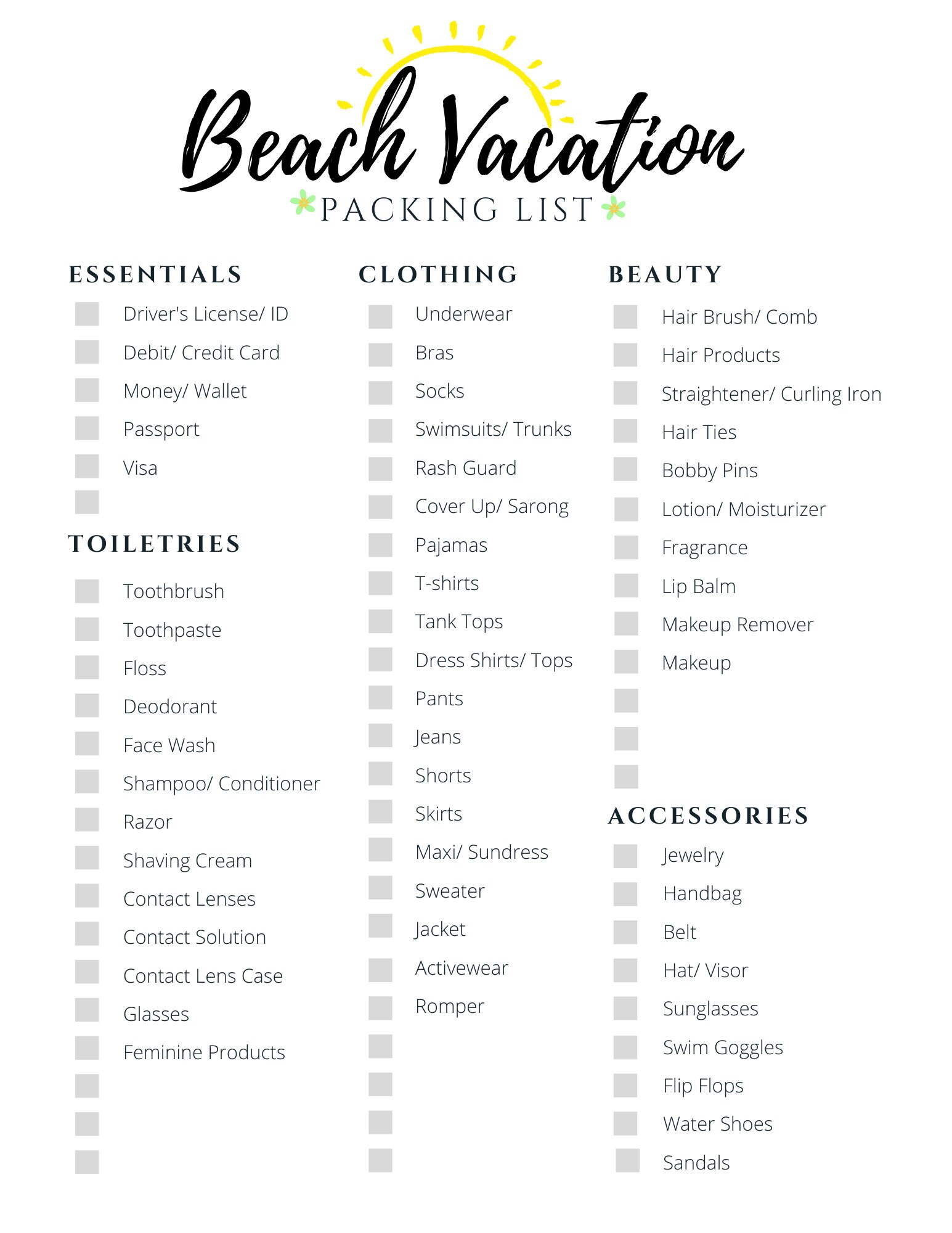 Beach Vacation Packing List Printable Instant Download Etsy Canada