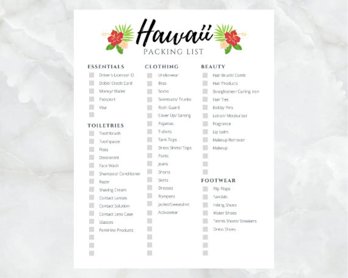 Hawaii Packing List Printable Instant Download | Etsy