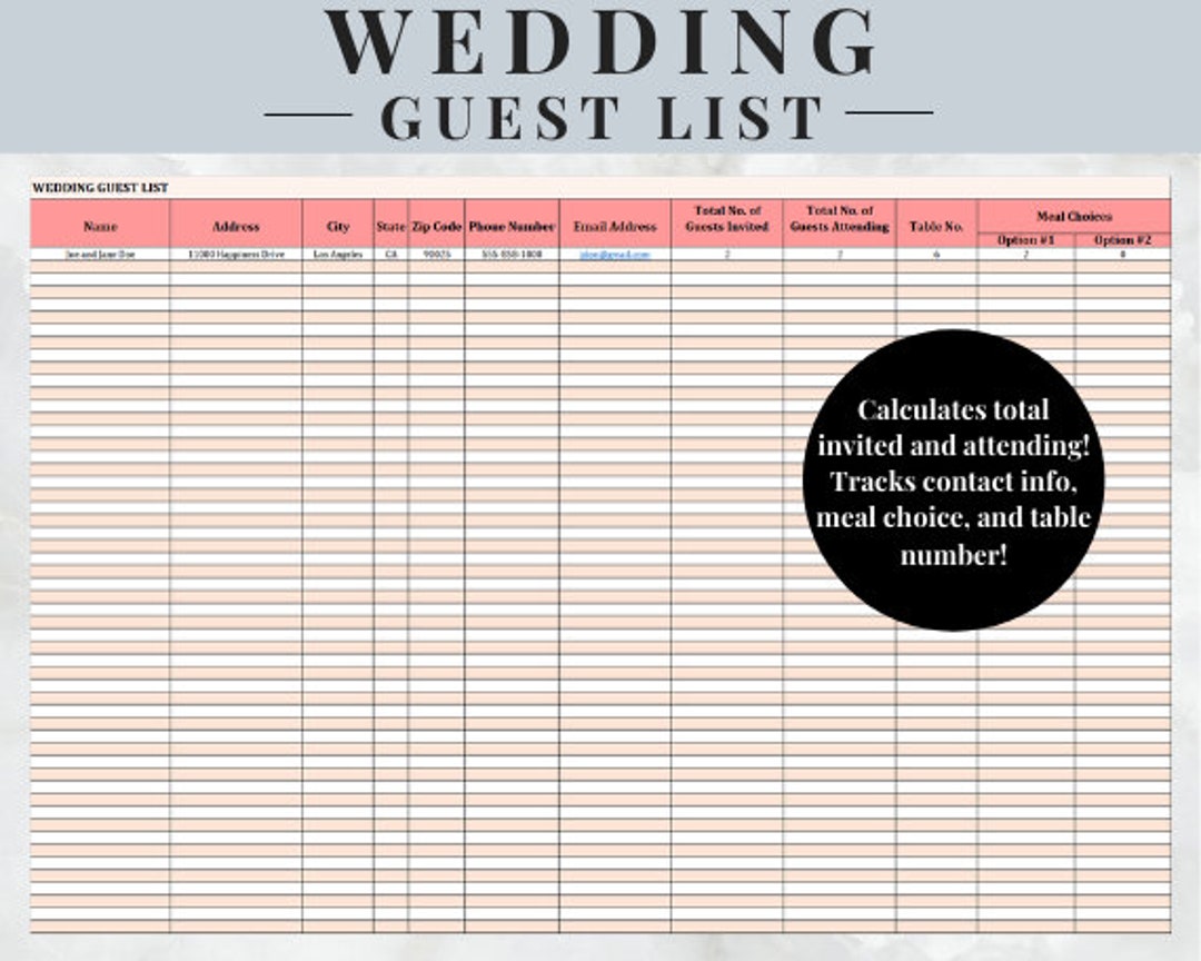 Wedding Guest List Spreadsheet | Wedding Guest Tracker | Instant ...