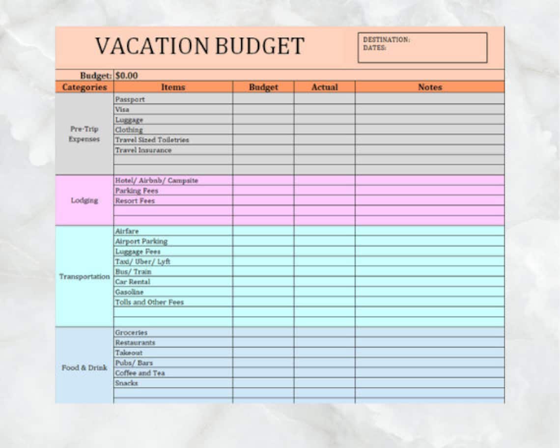 Feuille de calcul du budget de vacances | Planificateur de vacances ...