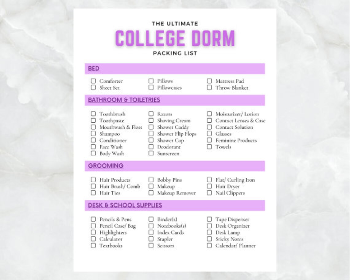 College Dorm Packing List | University Student Checklist | College ...