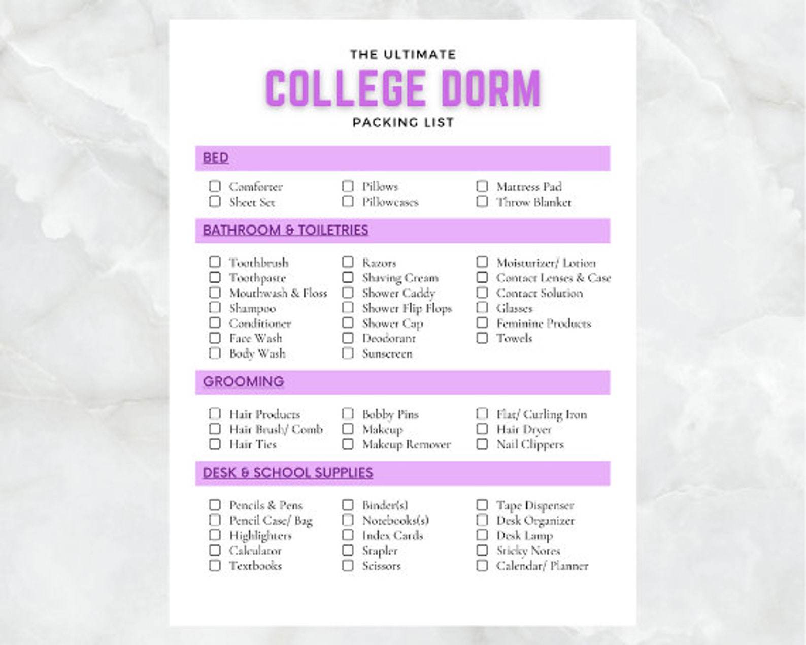 College Dorm Packing List | University Student Checklist | College ...
