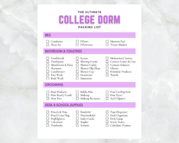 College Dorm Packing List | University Student Checklist | College ...