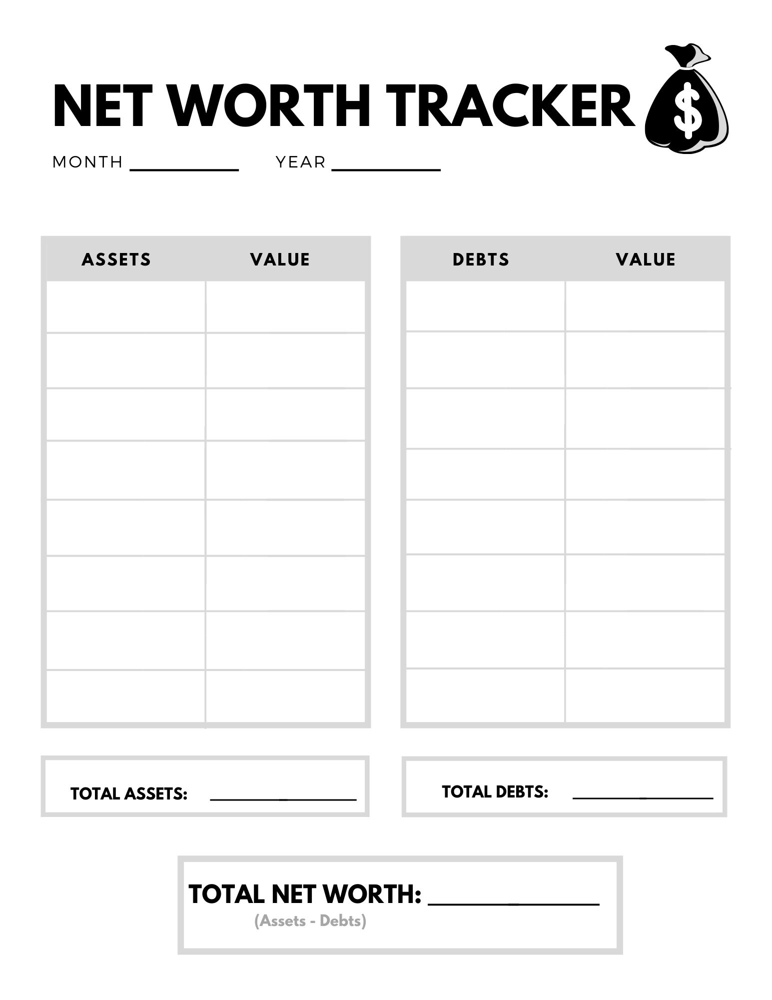 Net Worth Tracker Printable Instant Download - Etsy