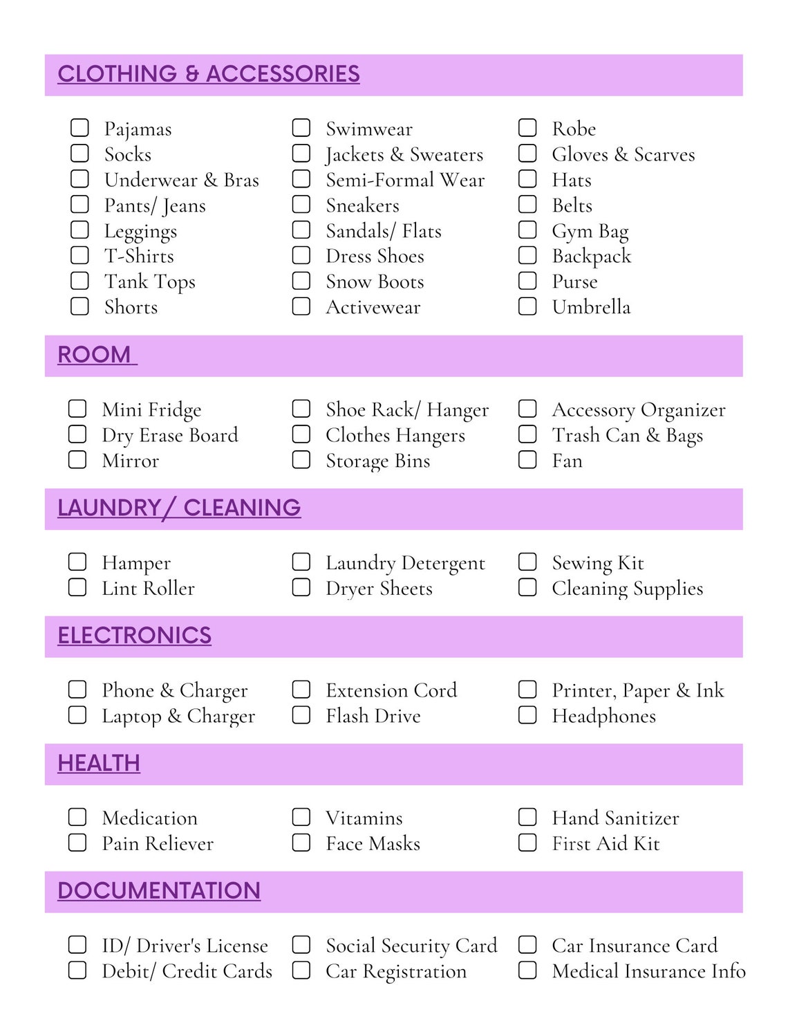 College Dorm Packing List | University Student Checklist | College ...