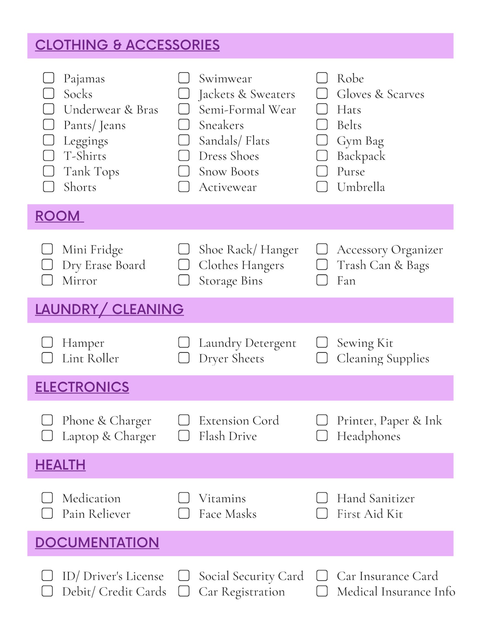 College Dorm Packing List | University Student Checklist | College ...
