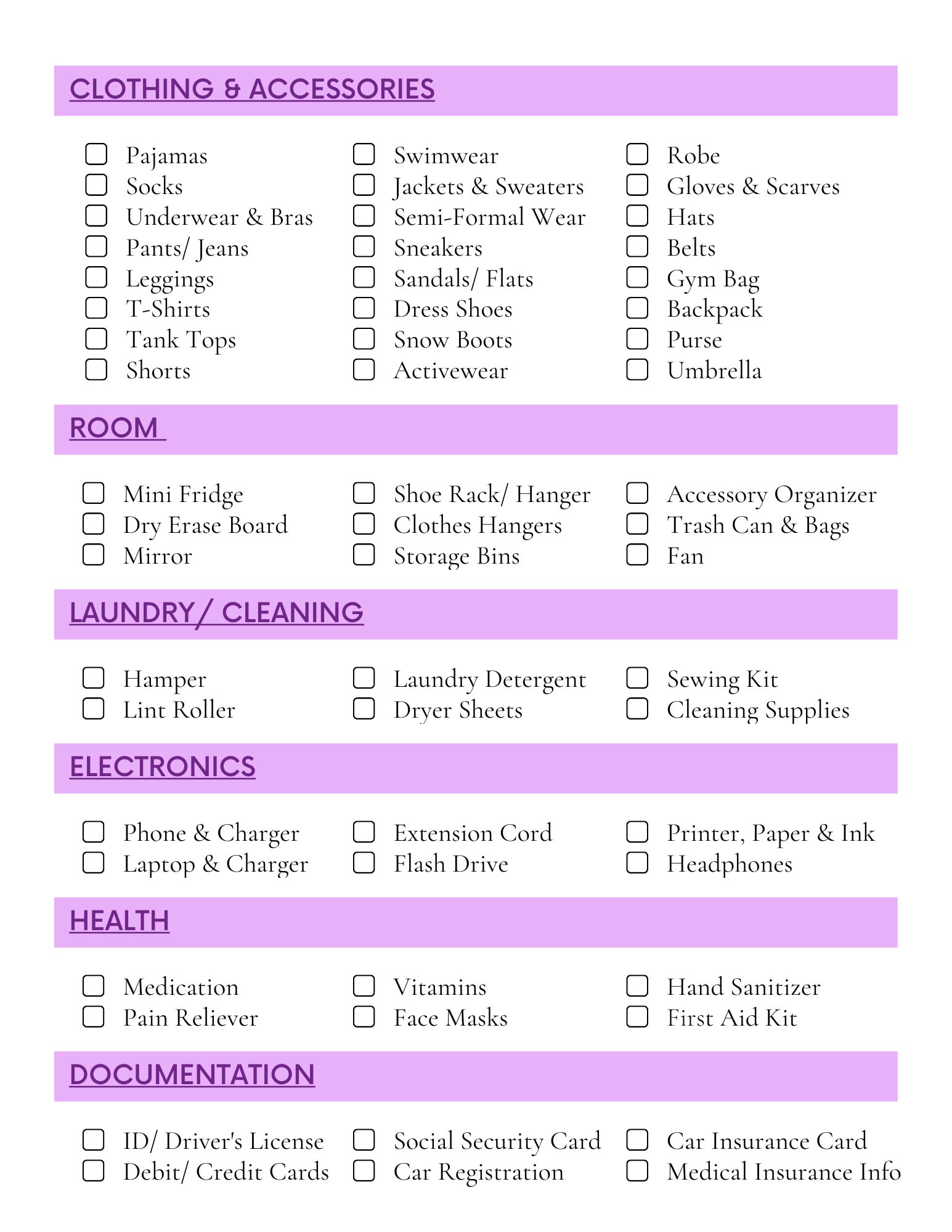College Dorm Packing List | University Student Checklist | College ...