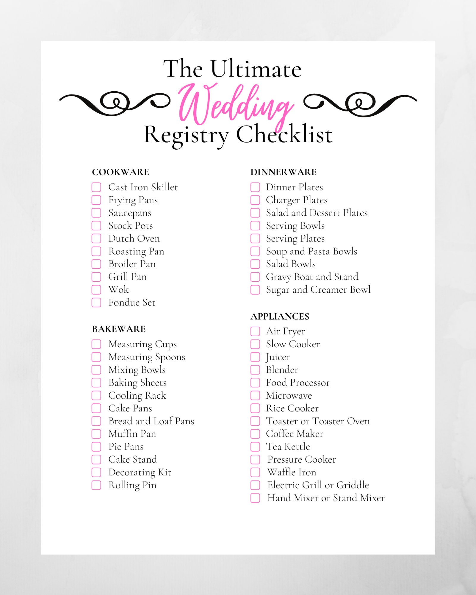 Wedding Registry Checklist Printable