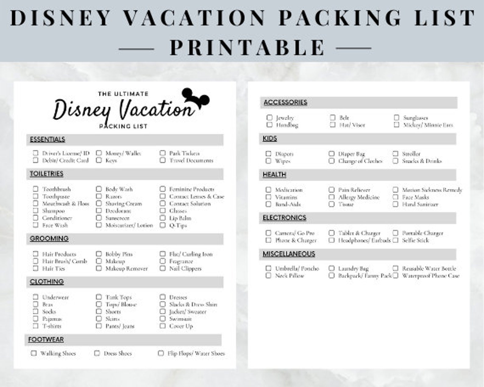 Disney Vacation Packing List | Printable | Instant Download - Etsy