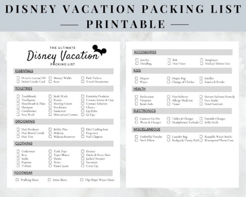 Disney Vacation Packing List | Printable | Instant Download - Etsy