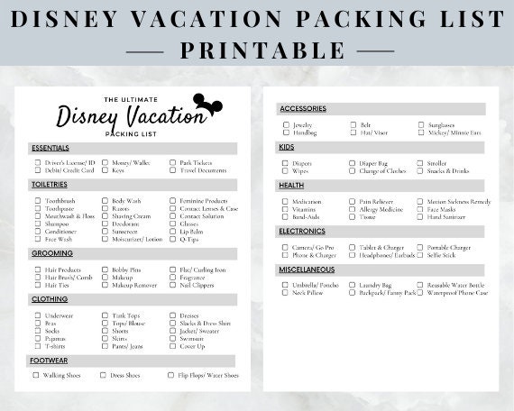 Disney Packing Checklist Printable