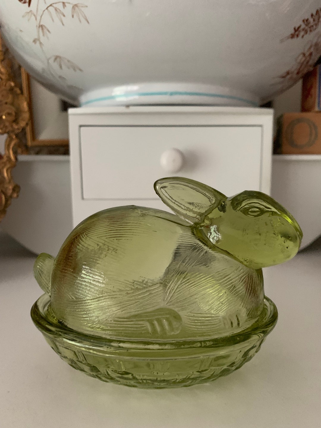 Vintage Sage Glass Bunny in Nest - Etsy
