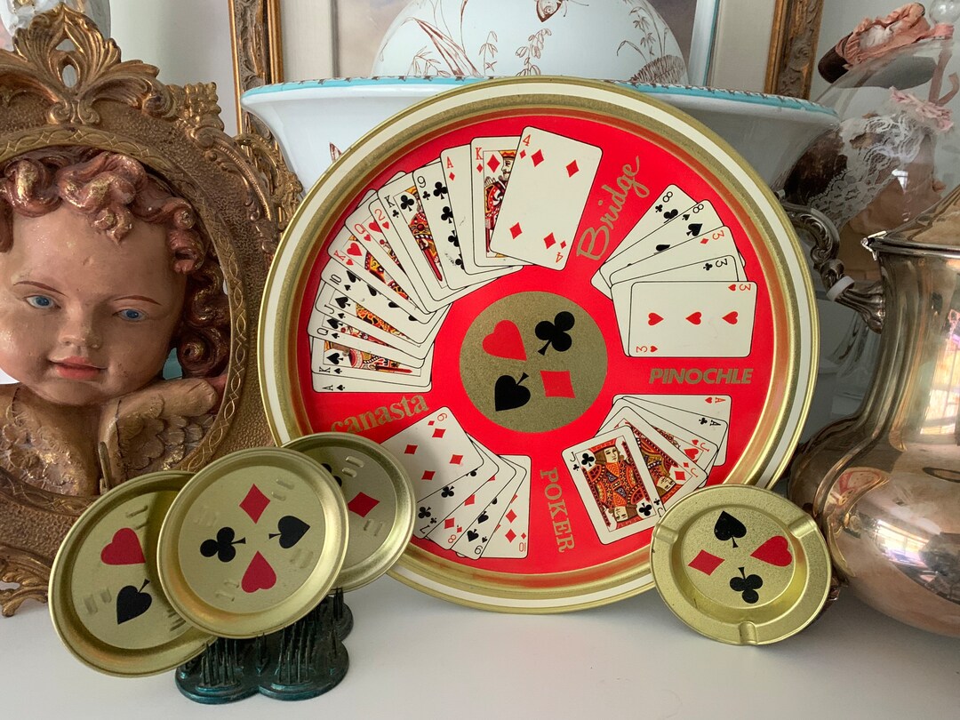 Vintage Metal Poker Canasta Bridge Pinochle Tray Coaster Ashtray Cards ...