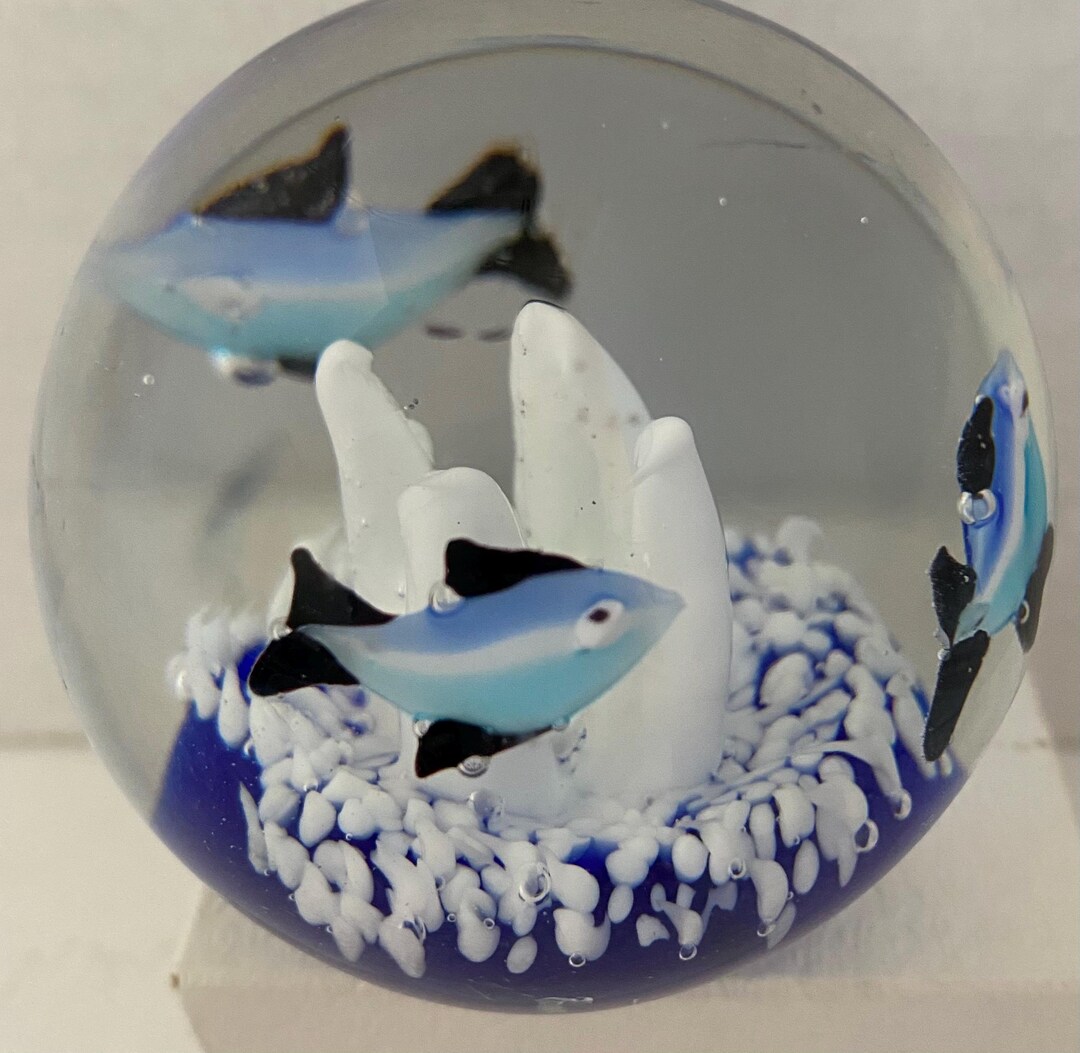 Vintage Round Glass Paperweight of Fish Swimming Among Stalagmite. - Etsy