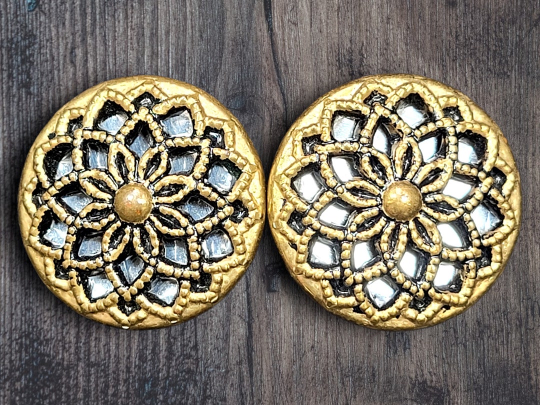 Cut Brass Button Set of 2 Mirror Back Star Tetrad Bulb Center Cone Self ...