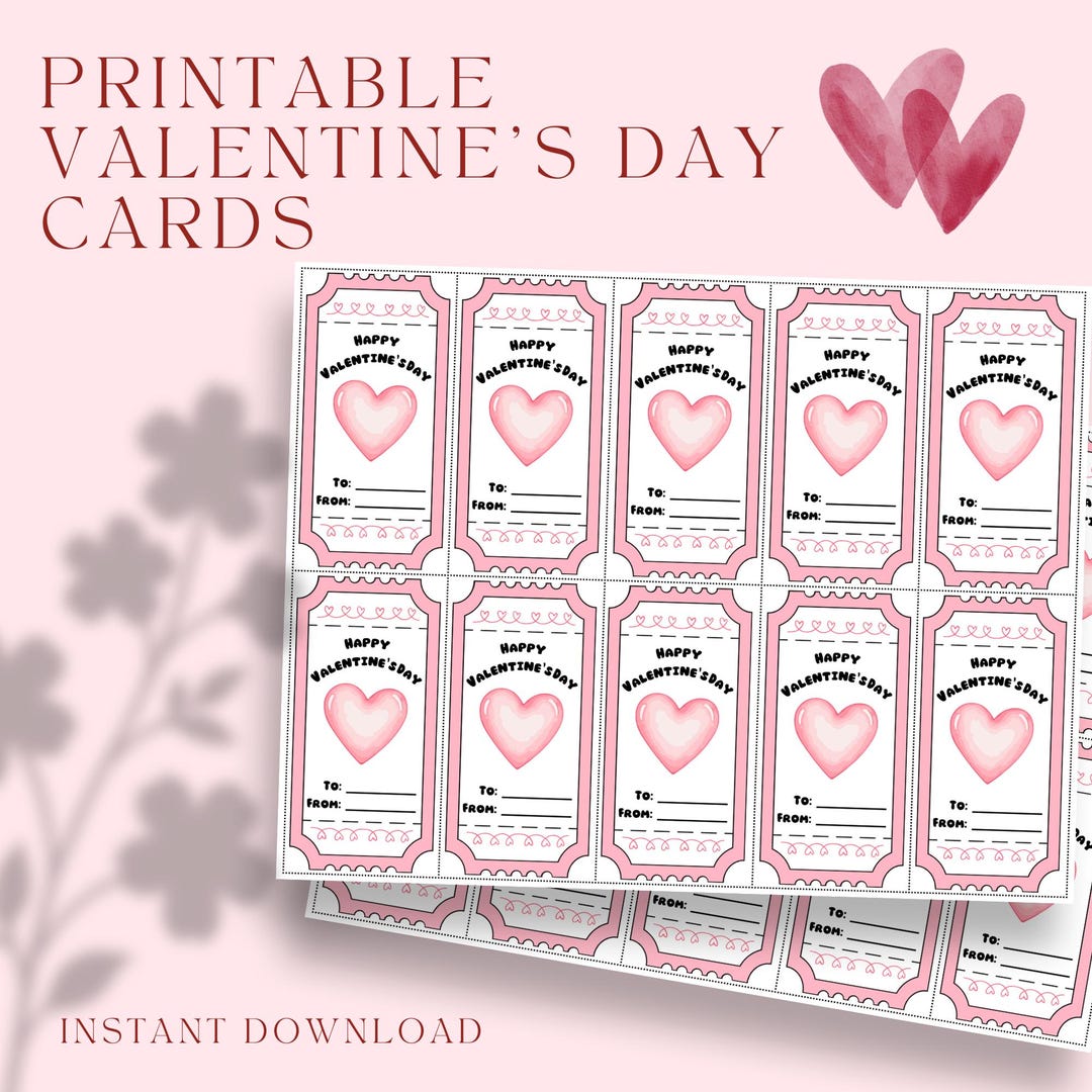 Printable Pink Heart Valentine's Day Cards, Printable Classroom ...