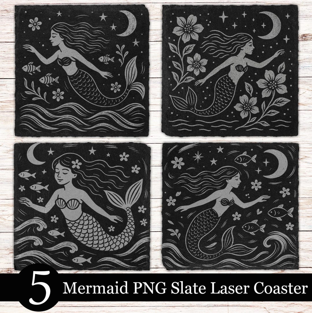 5 Sea Mermaids Laser Engraving PNG File, Slate Coaster Files for ...