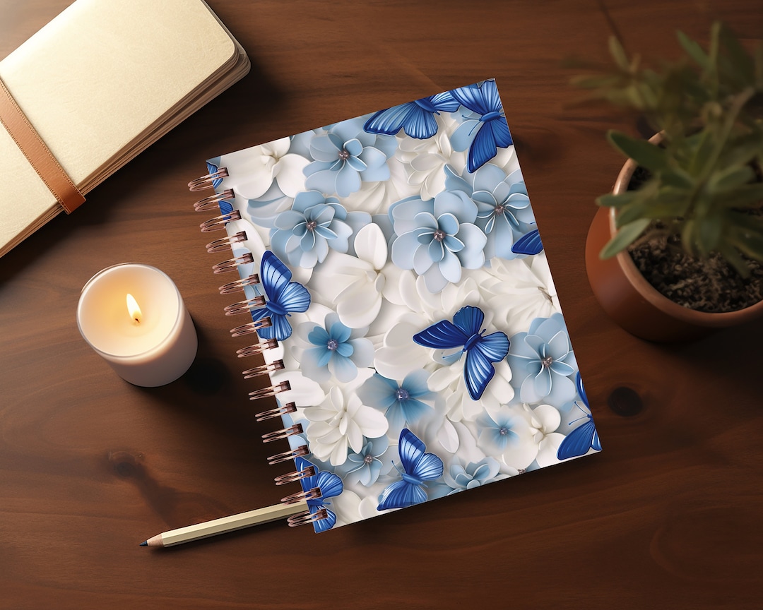 3D Blue Flowers and Butterflies Journal Covers PNG Design Sublimation ...