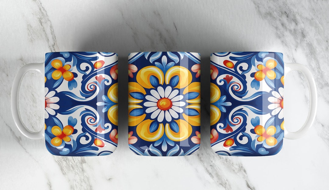 Blue Yellow Mexican Talavera Pattern 11oz Coffee Cup Wrap PNG File ...