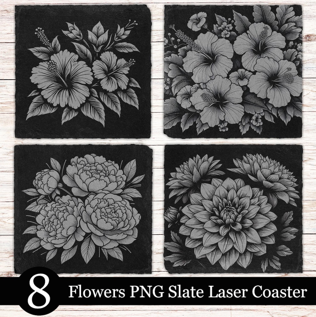 8 Flowers Slate Coaster Files, PNG Laser Engraved, Glowforge , Slate ...