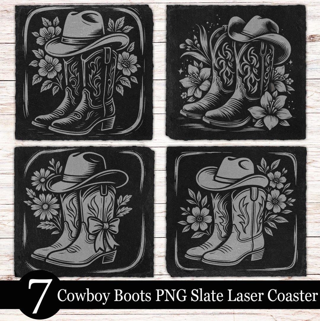 7 Cowgirl Boots Slate Coaster Laser Files, PNG Laser Engrave, Glowforge ...