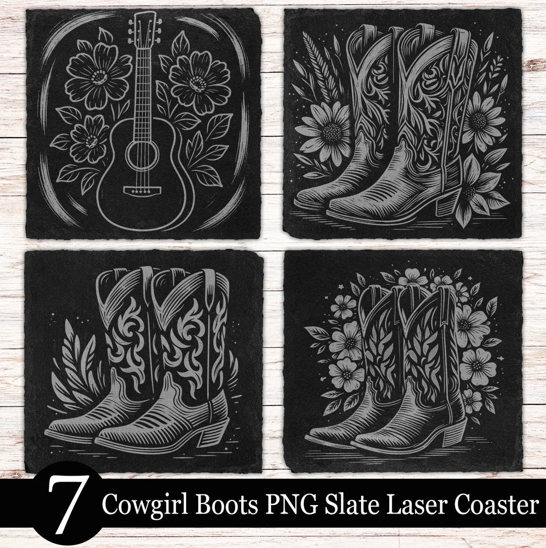 7 Cowboy Boots Slate Coaster Laser Files, PNG Laser Engrave, Glowforge ...